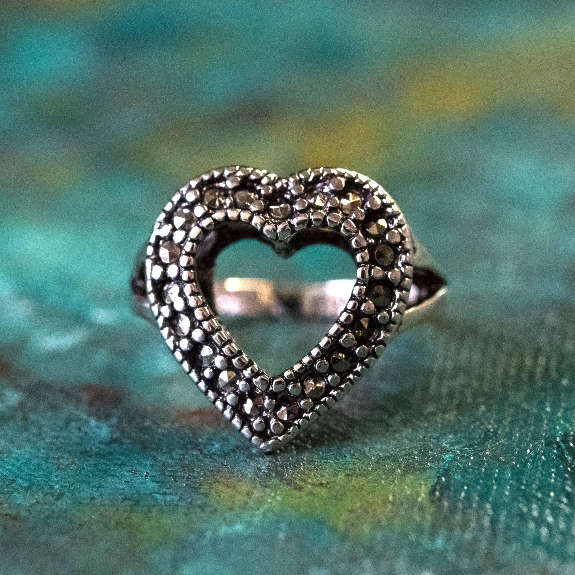 Vintage Genuine Marcasite Heart Ring Antiqued 18K White Gold Electroplated Made in USA Genuine Marcasite Silver 7