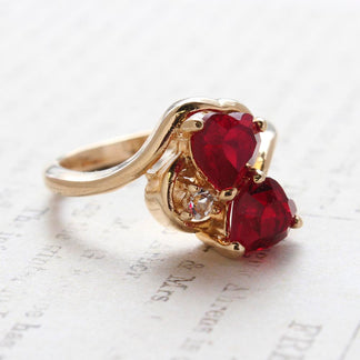 Vintage Ring Ruby Swarovski Crystal Double Heart Ring 18k Gold Antique ...
